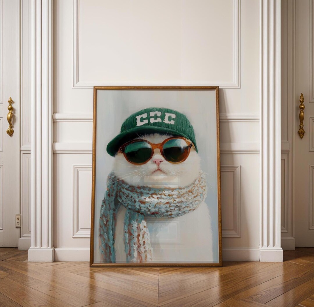 Trendy White Cat Wall Art, Hipster Cat Wall Art, Quirky White Cat ...