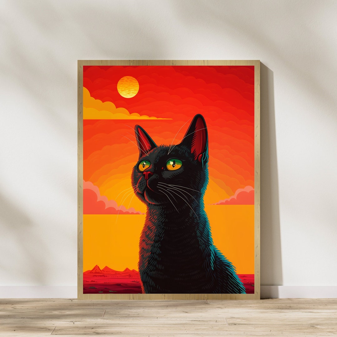 Black Cat Painting With Sunset, Black Cat Poster, Dopamine Decor, Cat ...