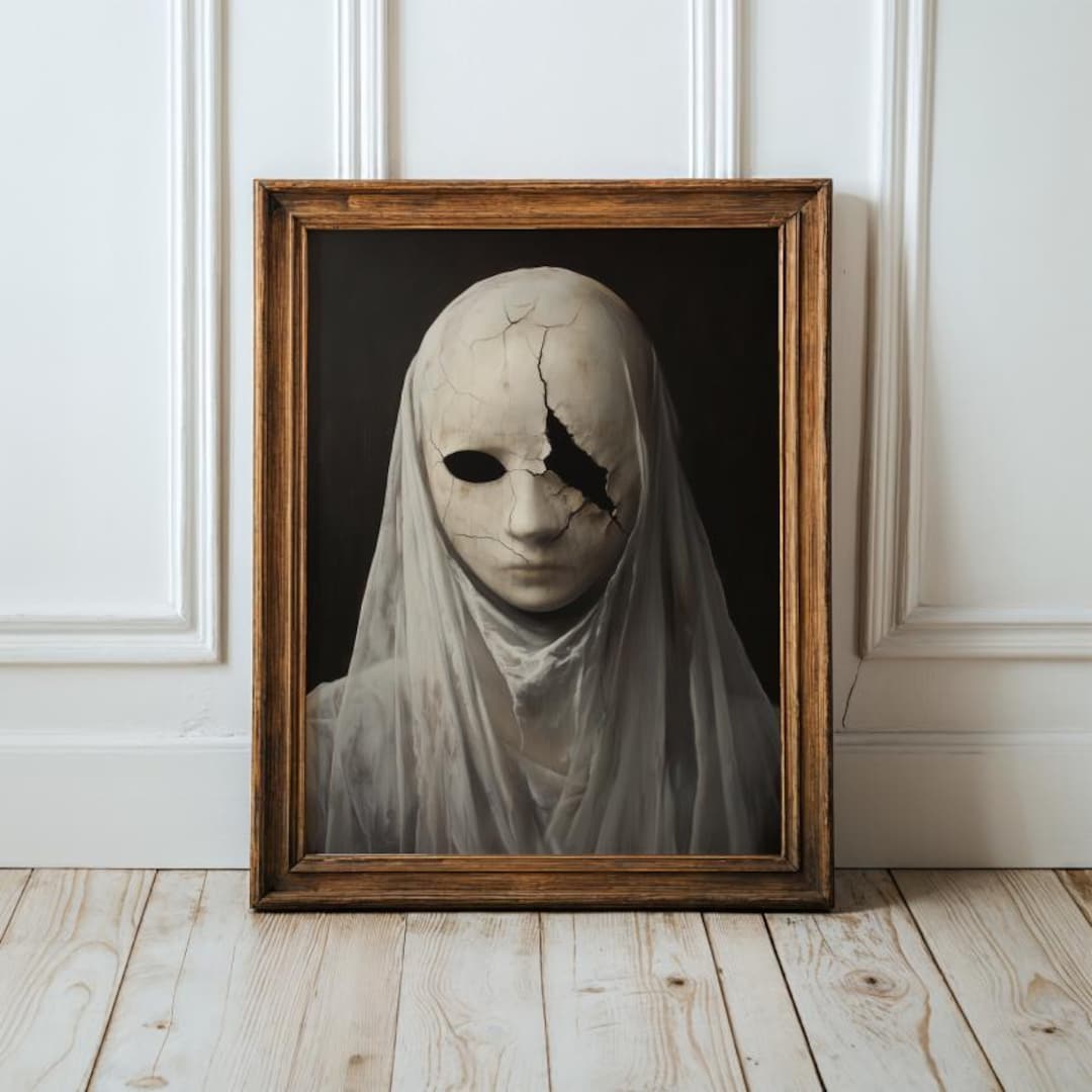 Haunting Veiled Mask Art, Surreal Masked Woman Wall Art, Surreal Gothic ...