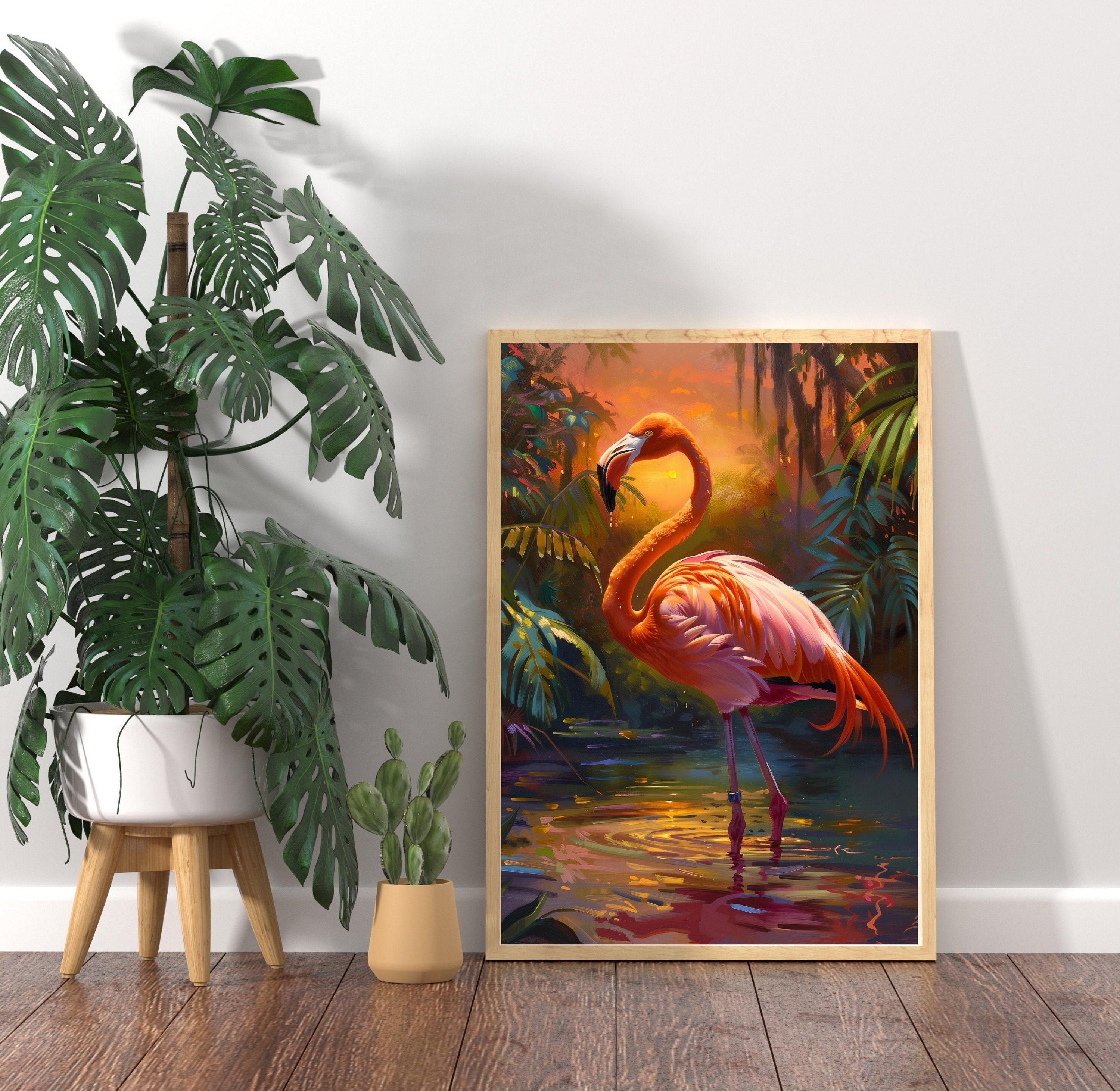 Flamingo Sunset Poster, Oil Painting, Printable Flamingo Wall Art ...