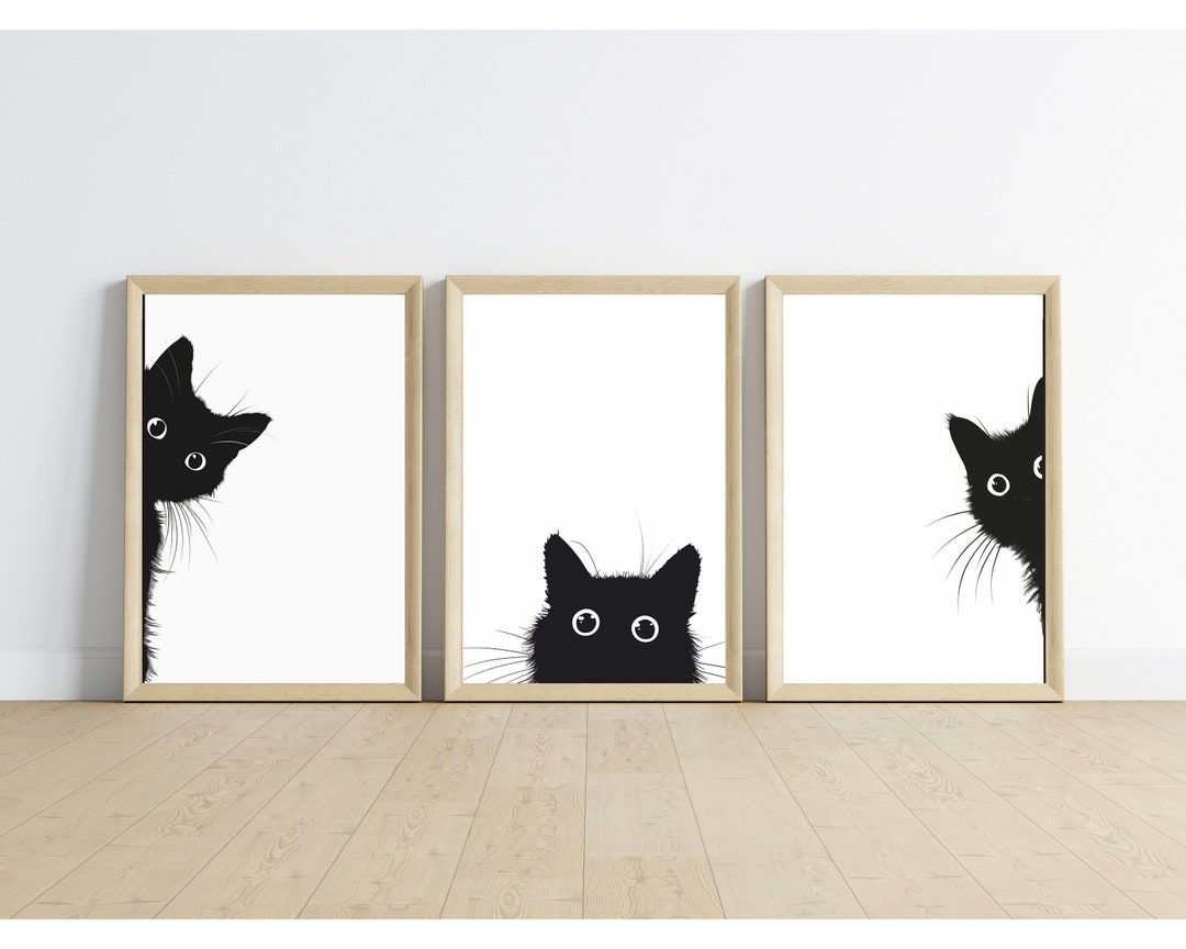 Set of 3 Peeking Black Cat Print Wall Art Poster, Black and White Cat ...