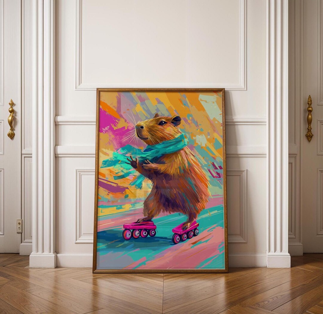 Colorful Capybara Roller Skating Wall Art, Quirky Animal Poster ...