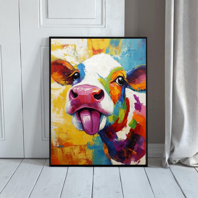 Colorful Bull Painting, Playful Bull With Tongue Out, Abstract Bull ...