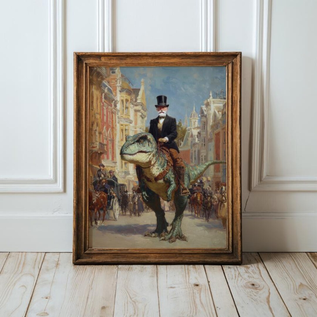 Victorian Gentleman Riding Dinosaur Wall Art, Historical Surrealism ...