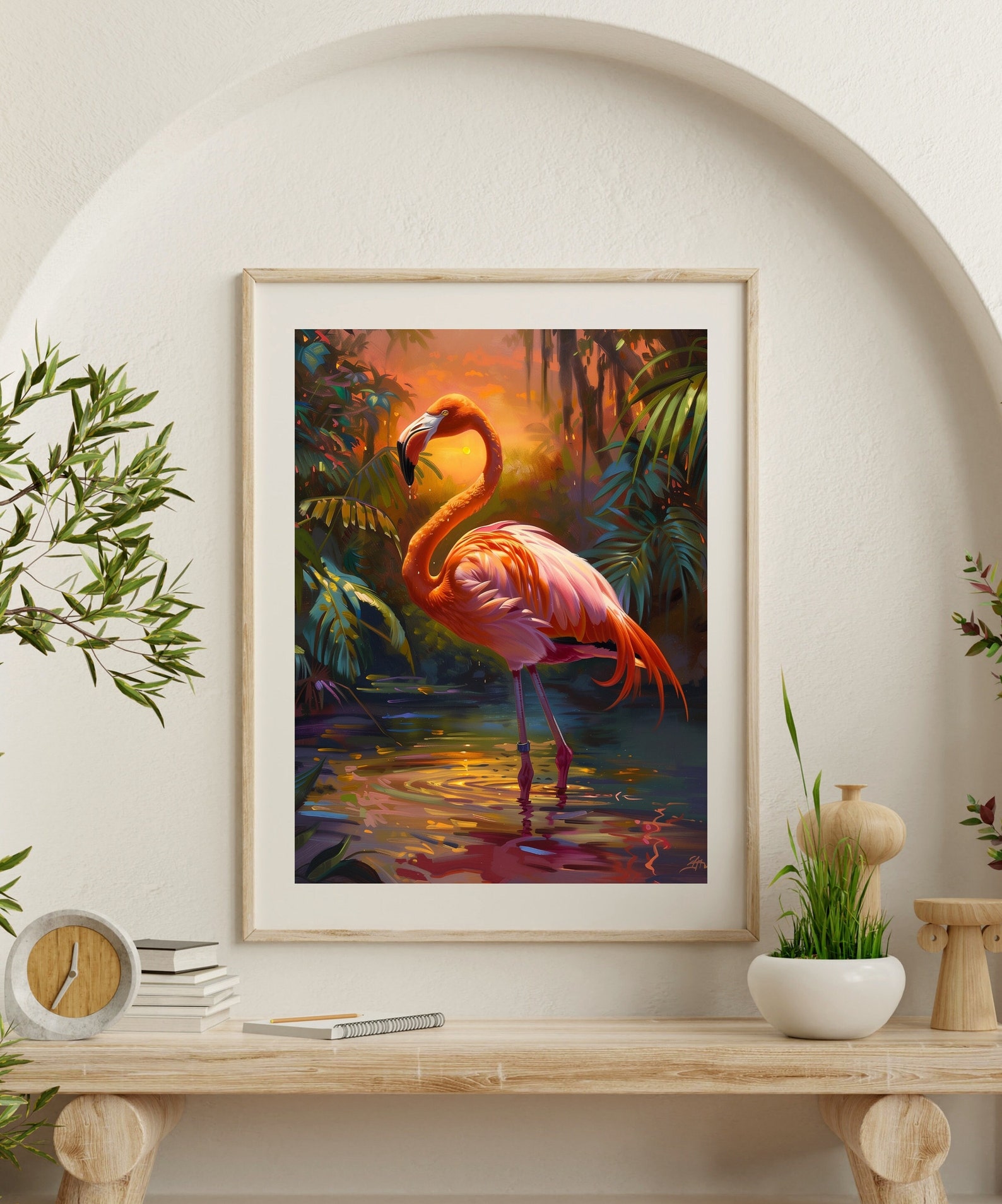 Flamingo Sunset Poster, Oil Painting, Printable Flamingo Wall Art ...