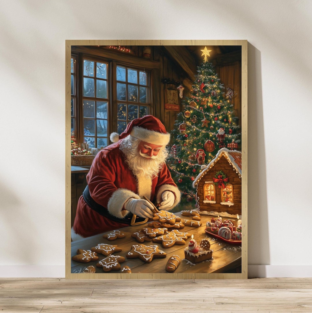 Christmas Gingerbread House and Santa Art Print, Vintage Cozy Christmas ...
