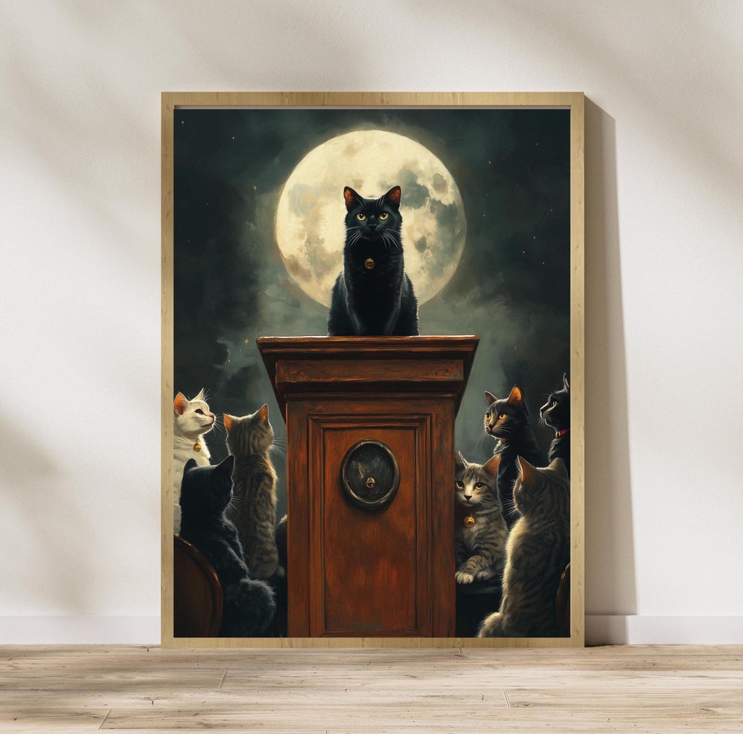 Full Moon Cat Illustration, Whimsical Cat Gathering Art, Black Cat and ...