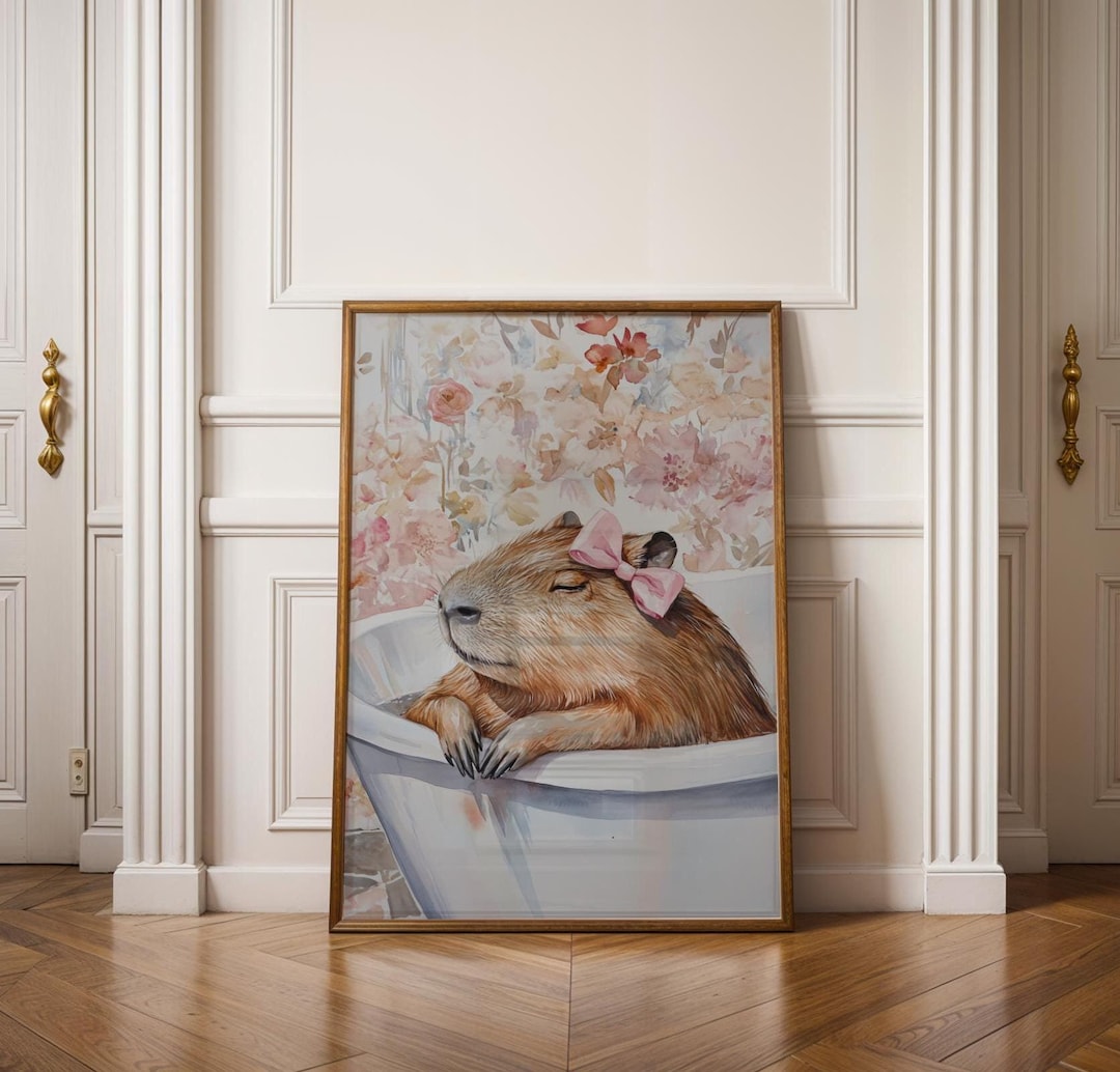 Capybara Wall Art, Pink Bow Capybara Print, Funny Bathroom Decor, Cute ...