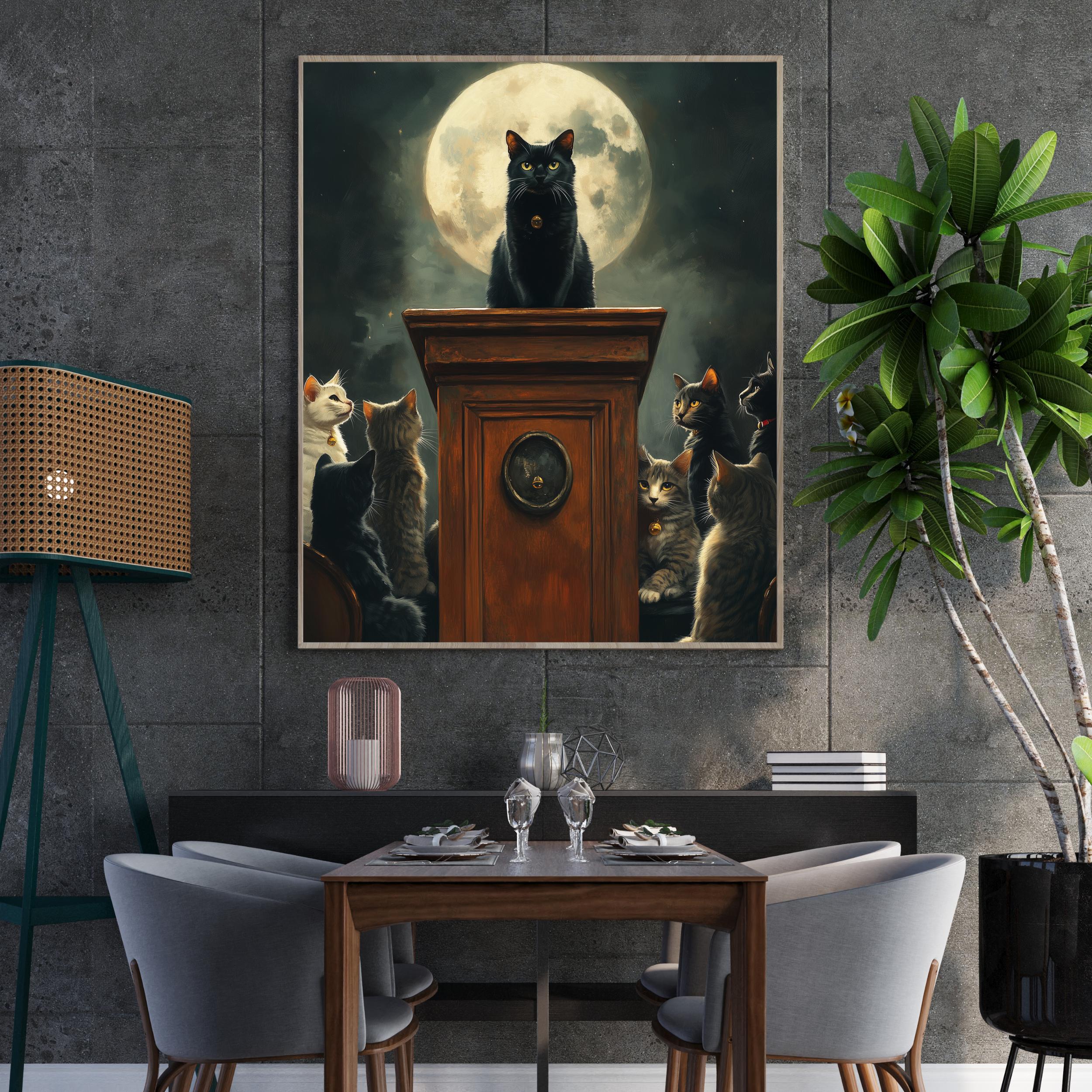 Full Moon Cat Illustration, Whimsical Cat Gathering Art, Black Cat and ...