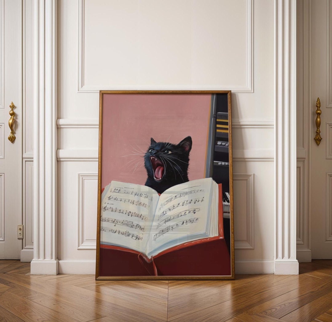 Singing Black Cat Art, Funny Music Wall Decor, Cat Lover Gift, Music ...