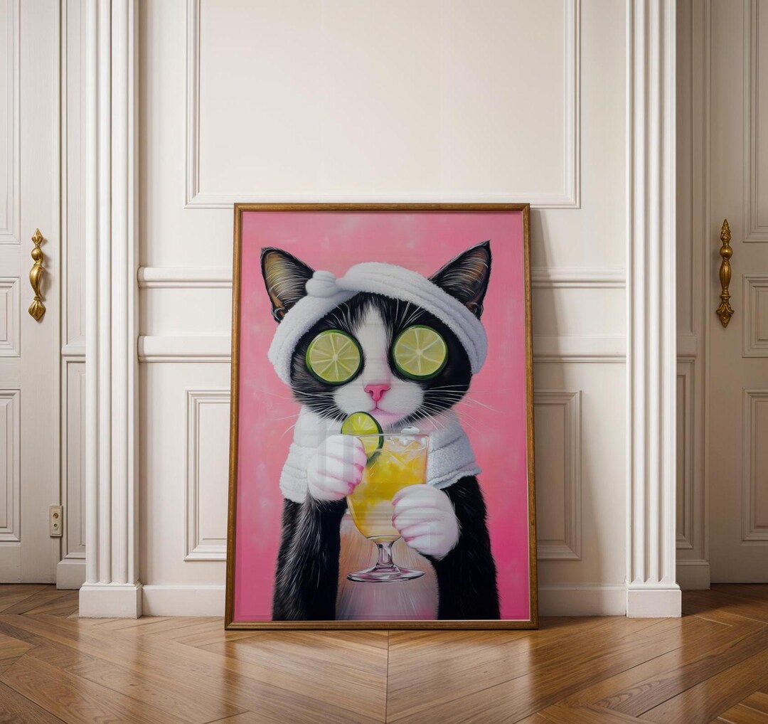 Quirky Cat Art, Lime and Pink Cat Art, Chic Black Cat Art, Spa Cat Wall ...