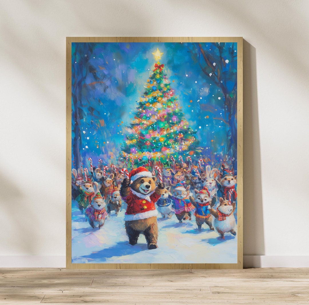 Cute Animal Christmas Parade Art, Christmas Wall Art With Bear & Forest ...