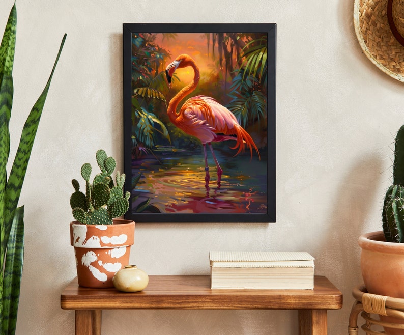 Flamingo Sunset Poster, Oil Painting, Printable Flamingo Wall Art ...