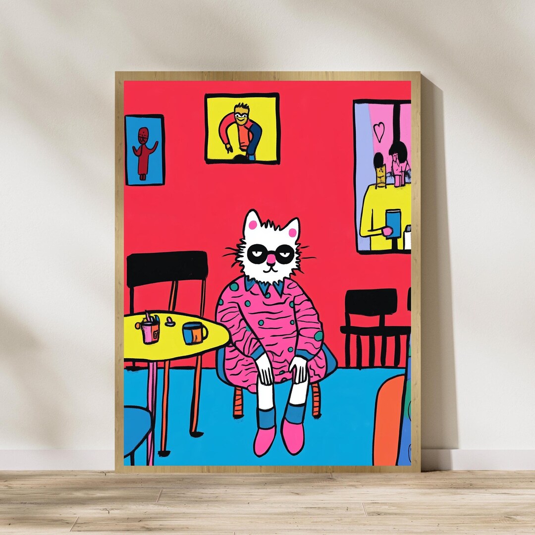 Funky Cat Art Print – Colorful Retro Wall Decor, Quirky White Cat Art ...