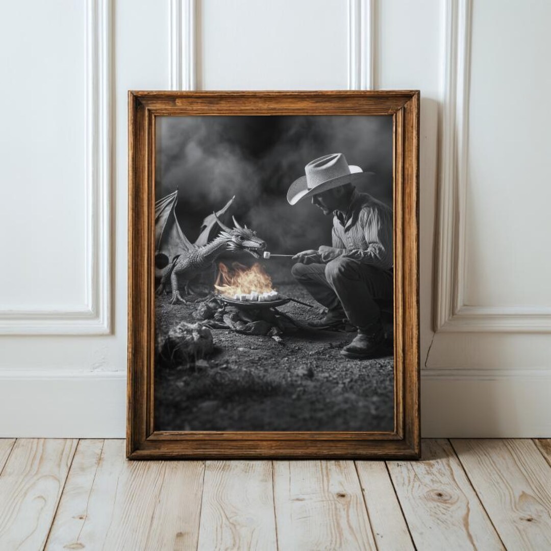 Cowboy and Dragon Campfire Fantasy Wall Art in Black and White Surreal ...