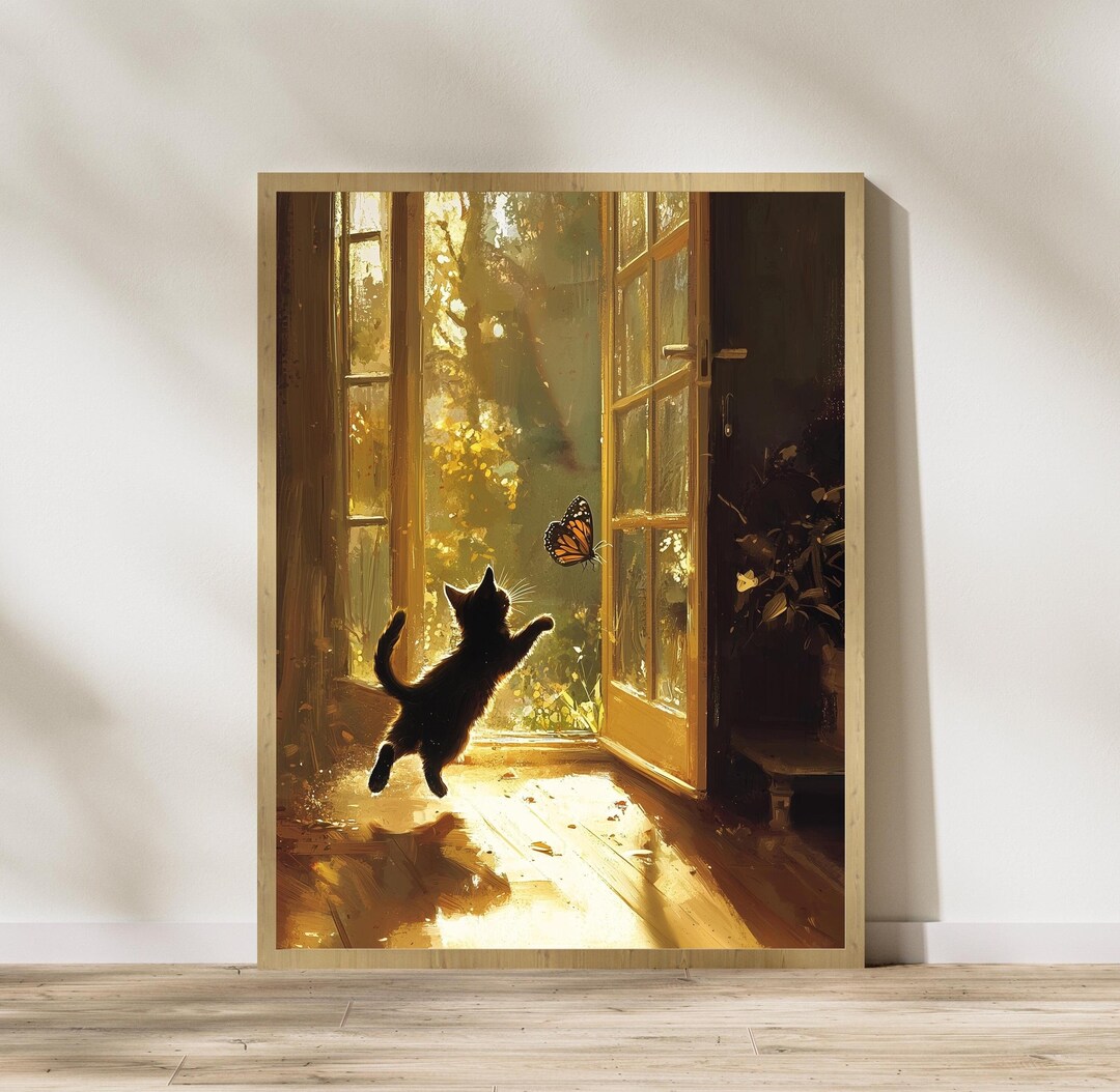 Whimsical Kids Wall Art, Black Cat in Sunlight, Butterfly Wall Art for ...
