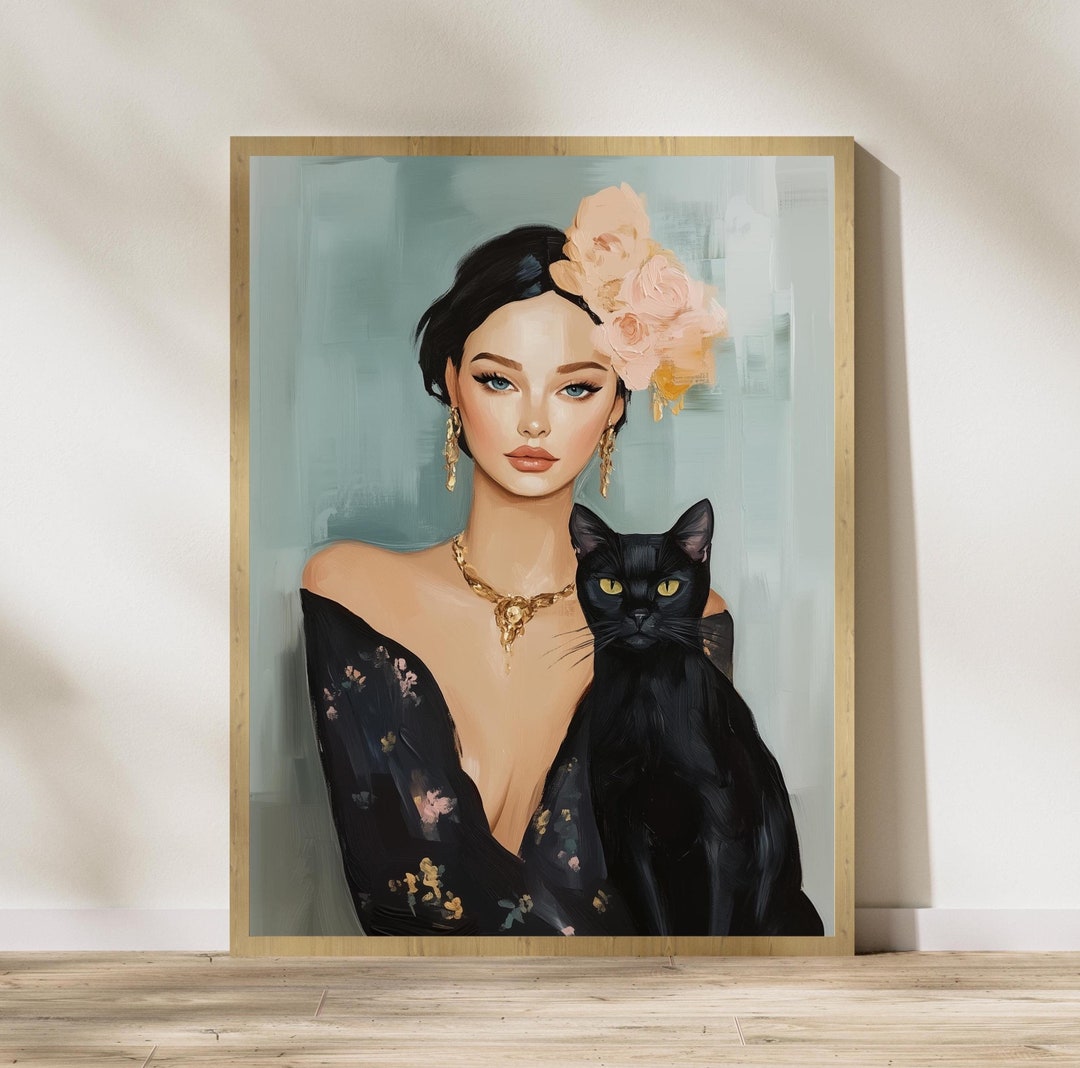 Chic Woman and Cat Portrait - Artistic Feminine Digital Painting ...