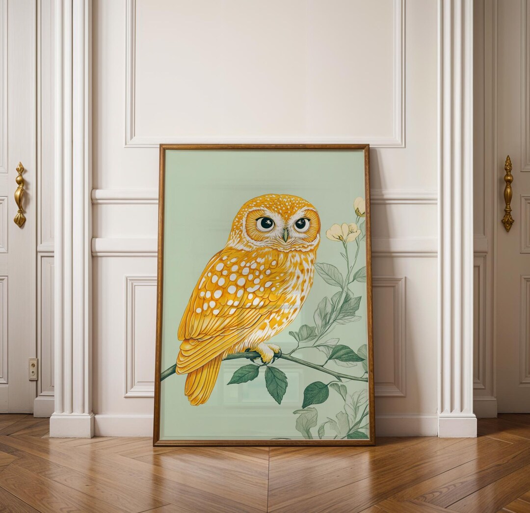 Golden Owl Botanical Art Print: Vintage Boho Wall Decor (digital ...