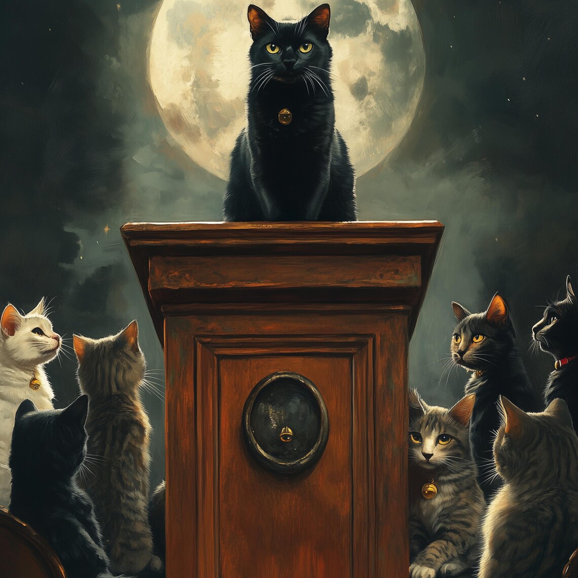 Full Moon Cat Illustration, Whimsical Cat Gathering Art, Black Cat and ...