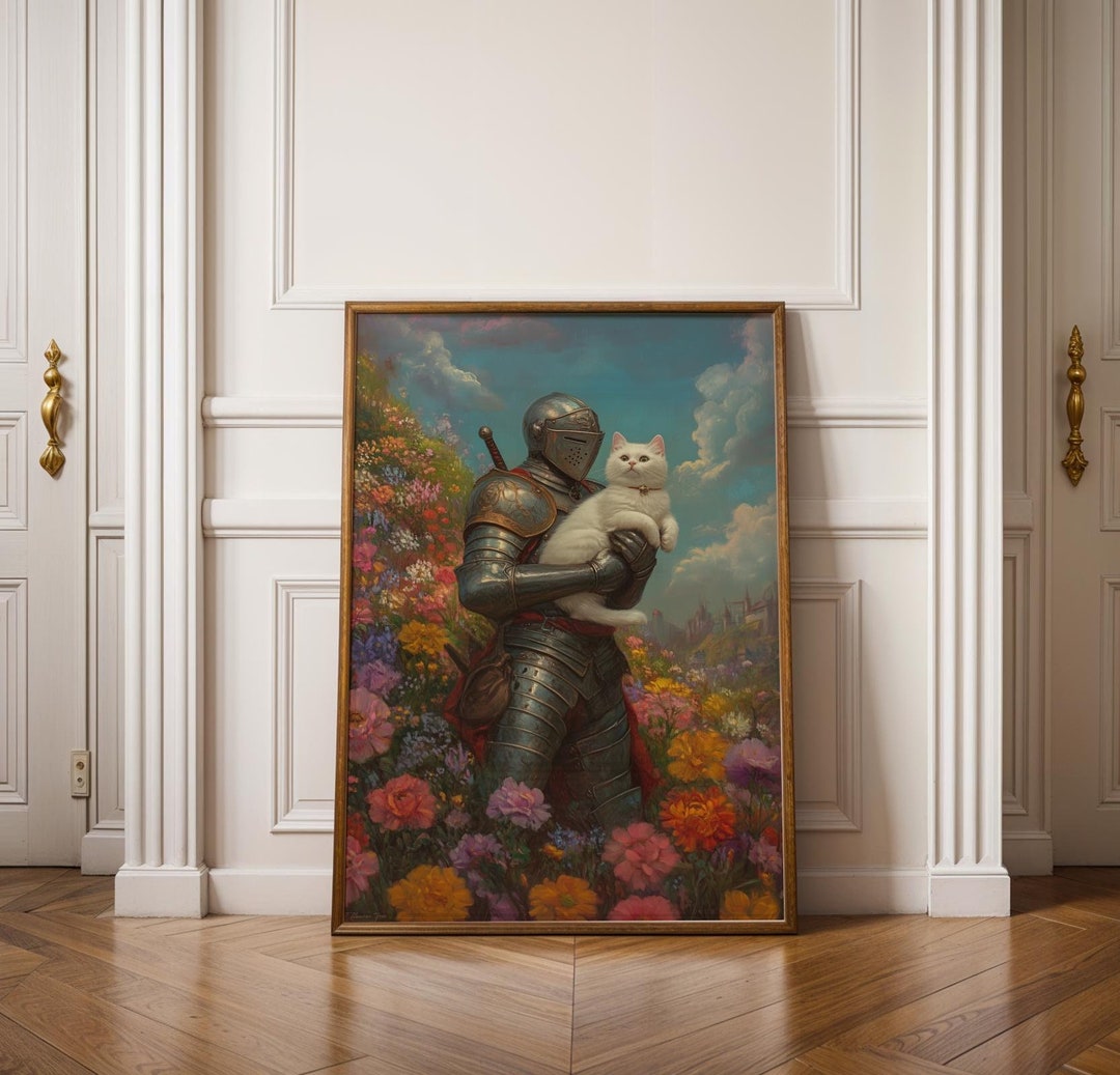 Medieval Knight and Cat Art, Whimsical Fantasy Wall Print - Romantic ...
