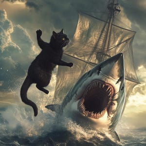 Black Cat in a Sea Battle With Shark Wall Art, Stunning Digital Wall ...