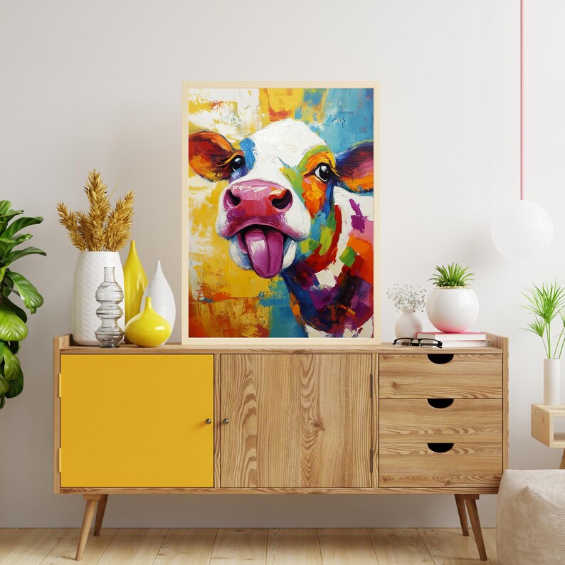 Colorful Bull Painting, Playful Bull With Tongue Out, Abstract Bull ...