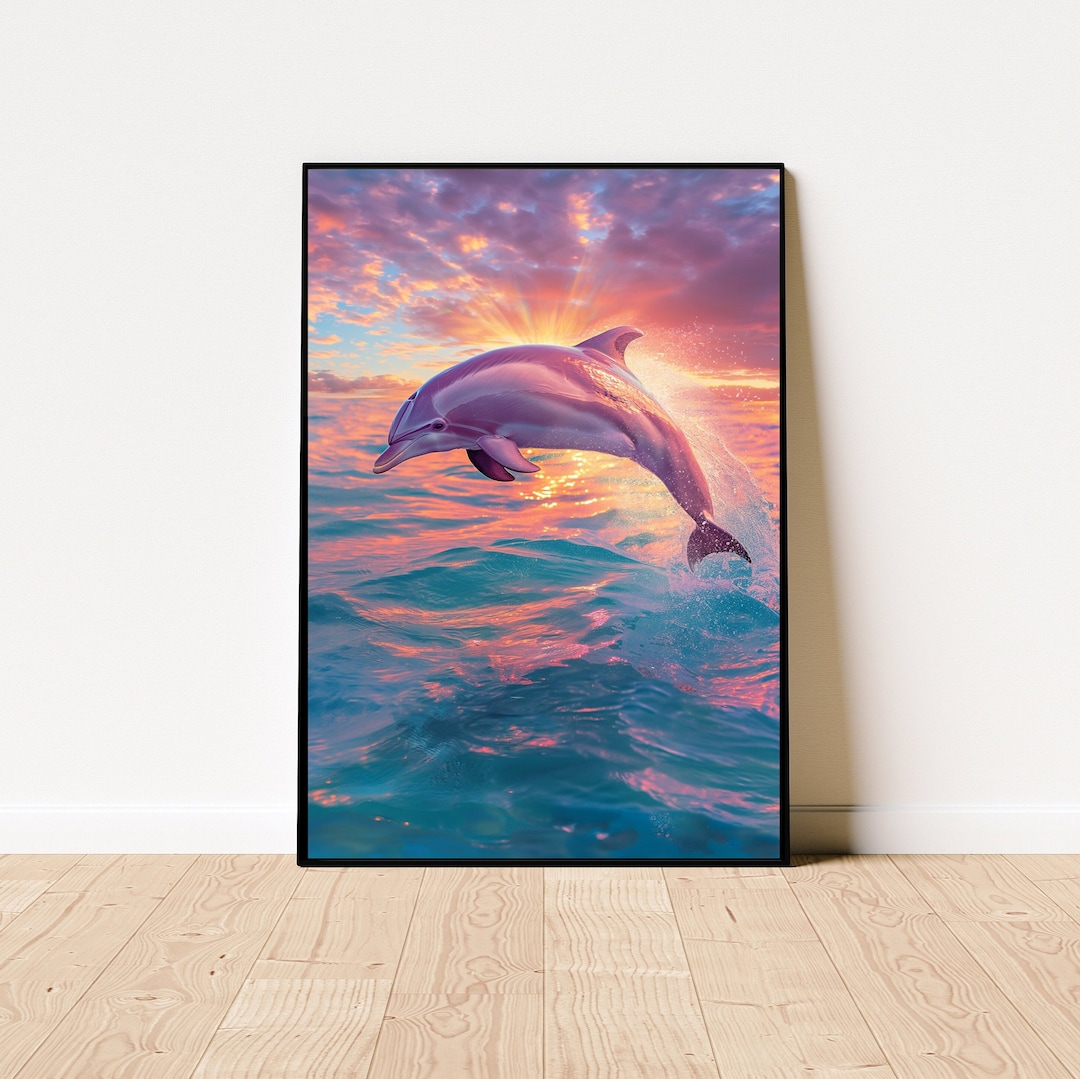 Dolphin Sunset Poster, Oil Painting, Dolphin Digital Printable Wall Art ...