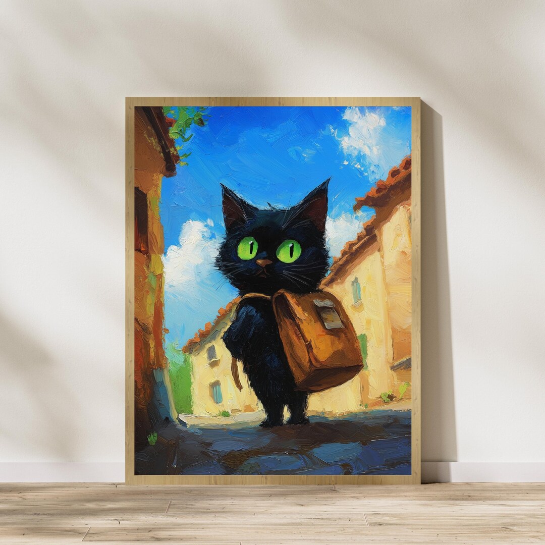 Back-to-school Cat Art - Black Cat With Backpack, Oil Painting Style ...