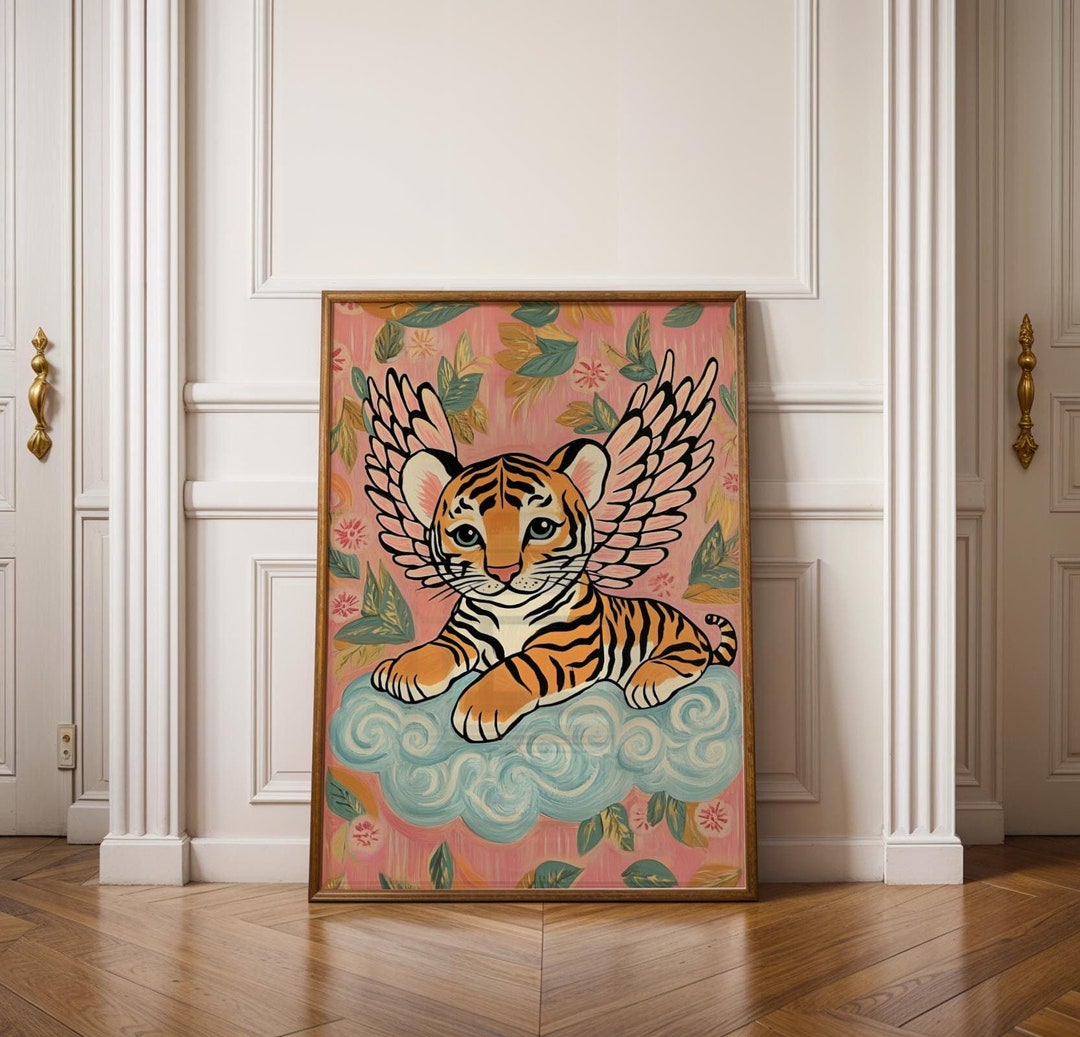 Winged Tiger Wall Art, Whimsical Pink Nursery Decor, Pink and Blue ...