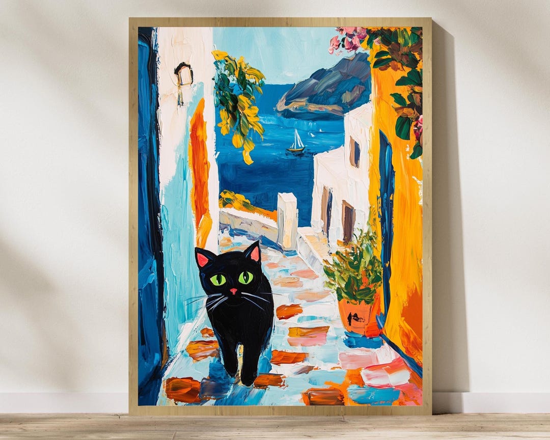 Santorini Cat Art Print, Greek Island Illustration, Travel Art, Greek ...