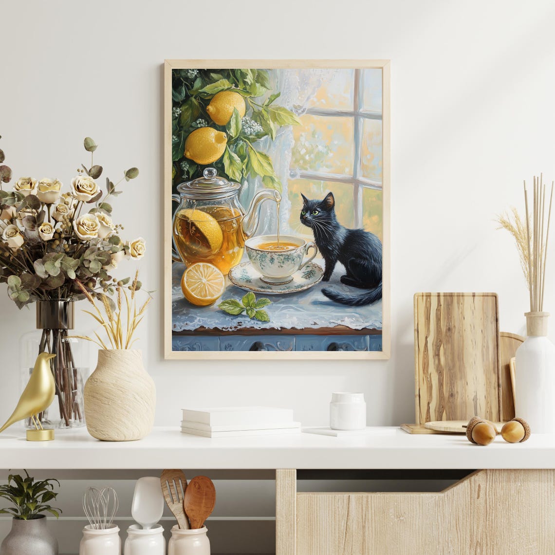 Black Cat and Lemon Still Life Painting, Whimsical Still Life Painting ...