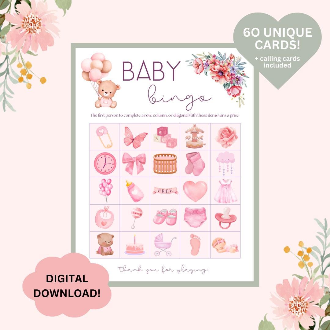 Pink Baby Shower Bingo Game - Instant Download of Unique Prefilled ...