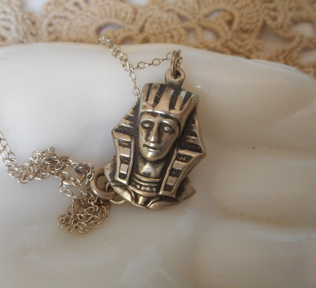 Vintage Pharaoh Head Pendant Charm Silver Metal & Chain Costume ...