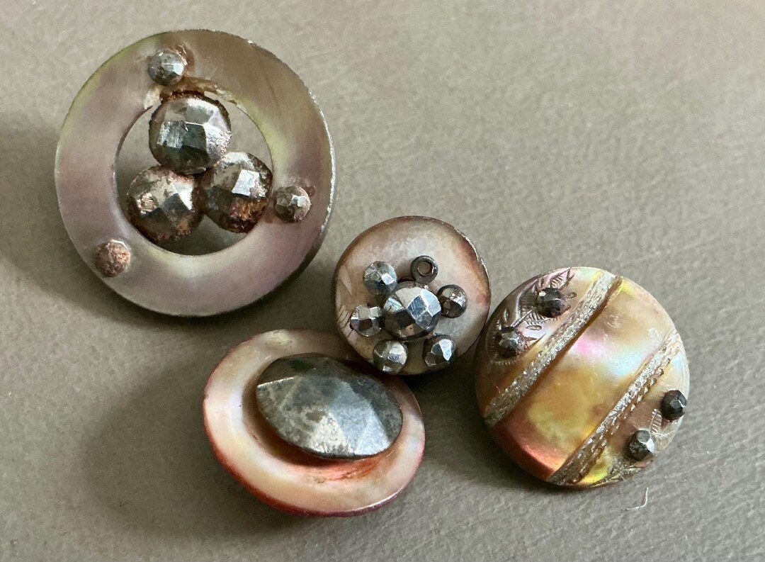 Lot/4 Antique Vintage Cut Steel & Mother of Pearl Iridescent Shell ...
