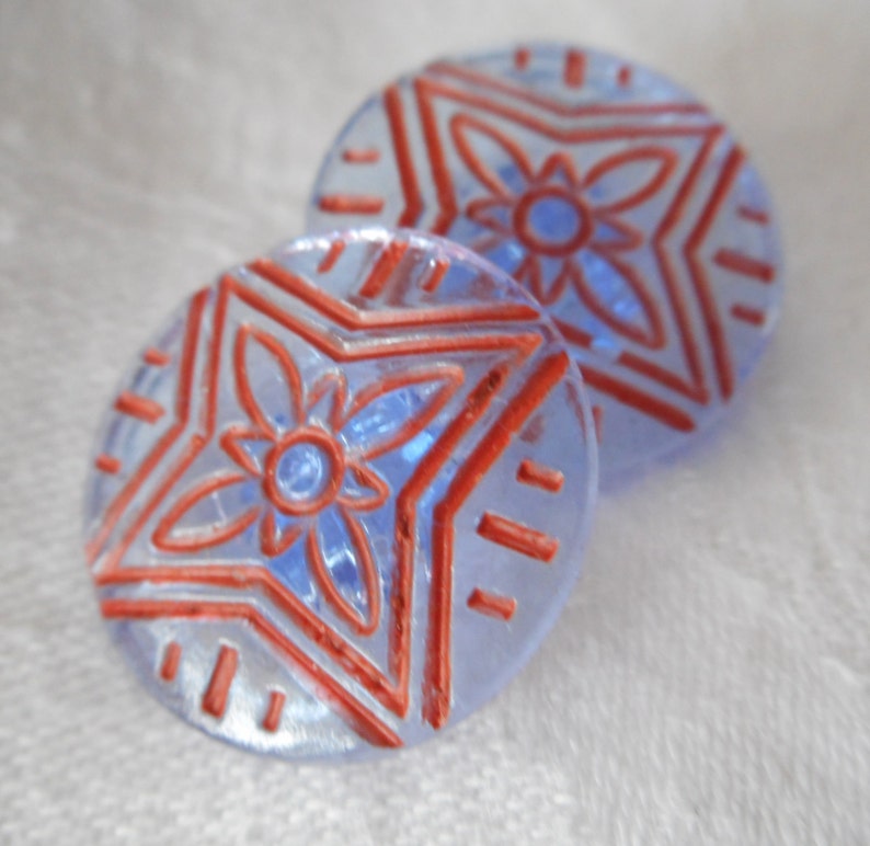 Set/ 2 VINTAGE 3/4 Painted Red Tint Design Blue Glass - Etsy