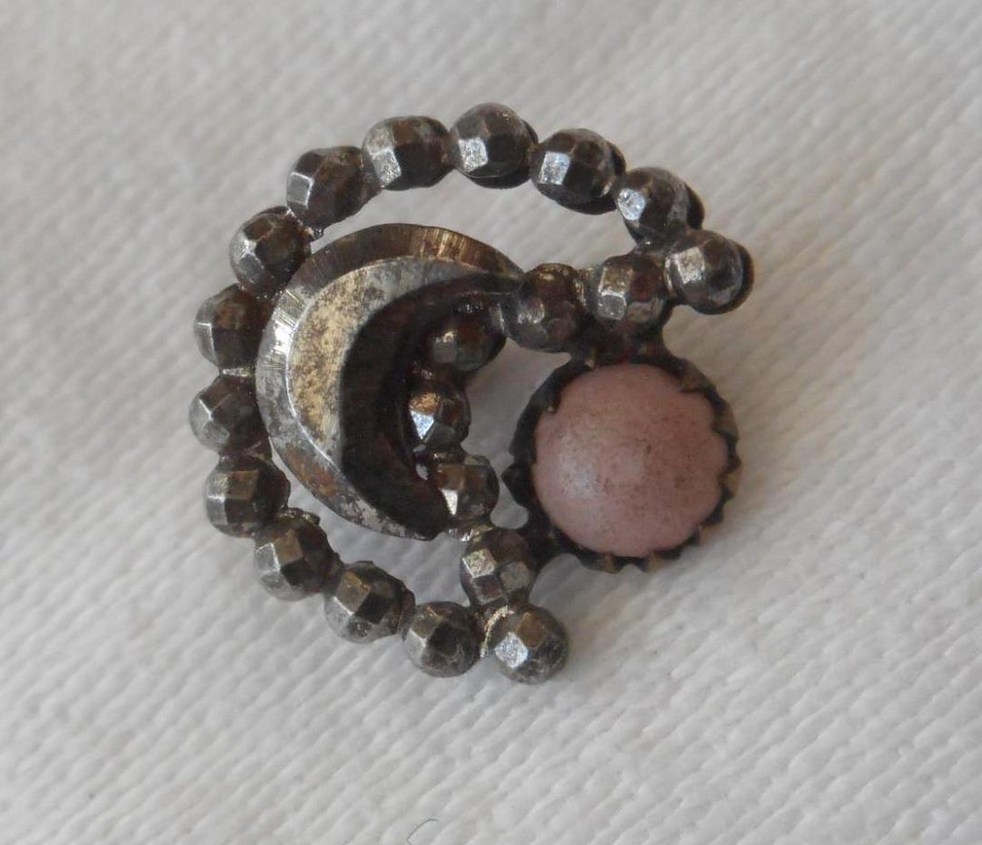 Antique Vintage 7/16" Cut Steel Crescent Moon W/pink Glass Moon Costume ...