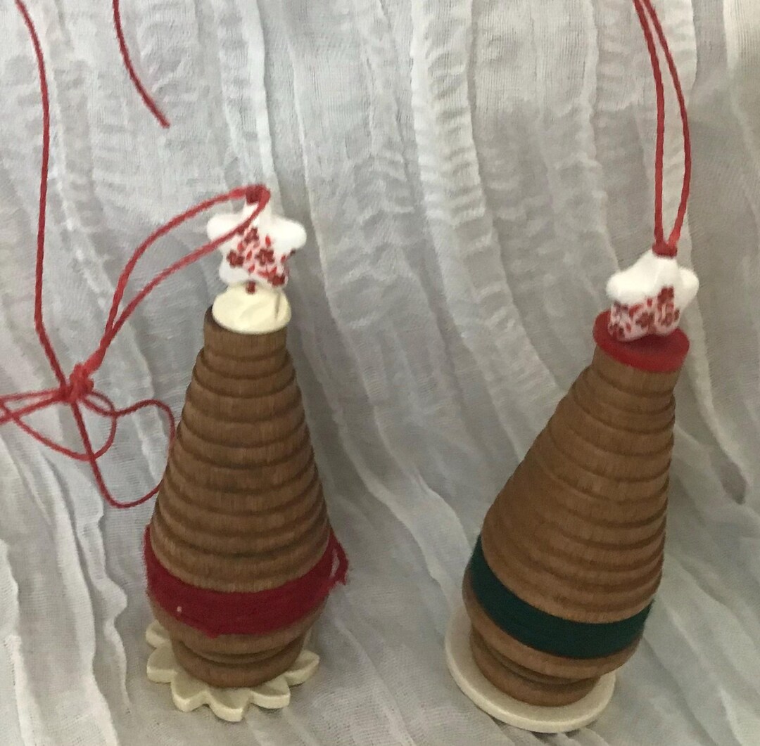 Set of 2 Antique Wood Thread Spool & Button Star Bead 3 3/4 Christmas ...