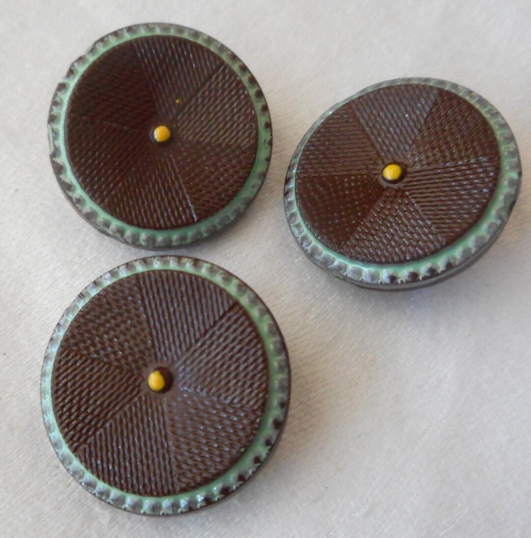 Set/3 Vintage 3/4" Texture Brown Glass Painted Turquoise Rim Costume ...