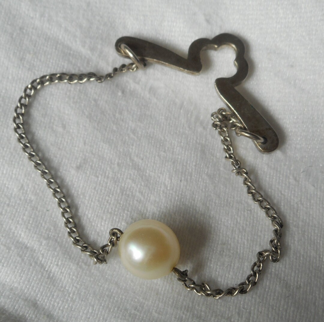 VINTAGE Pearl Hanging Shirt Collar Button Cover Silver Chain Metal ...