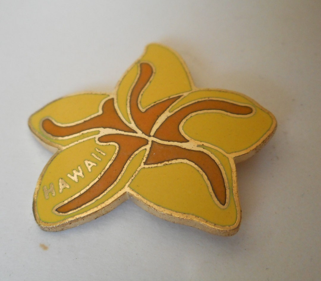 Souvenir Hawaiian Enamel Yellow Hibiscus Flower Gold Metal Jewelry ...