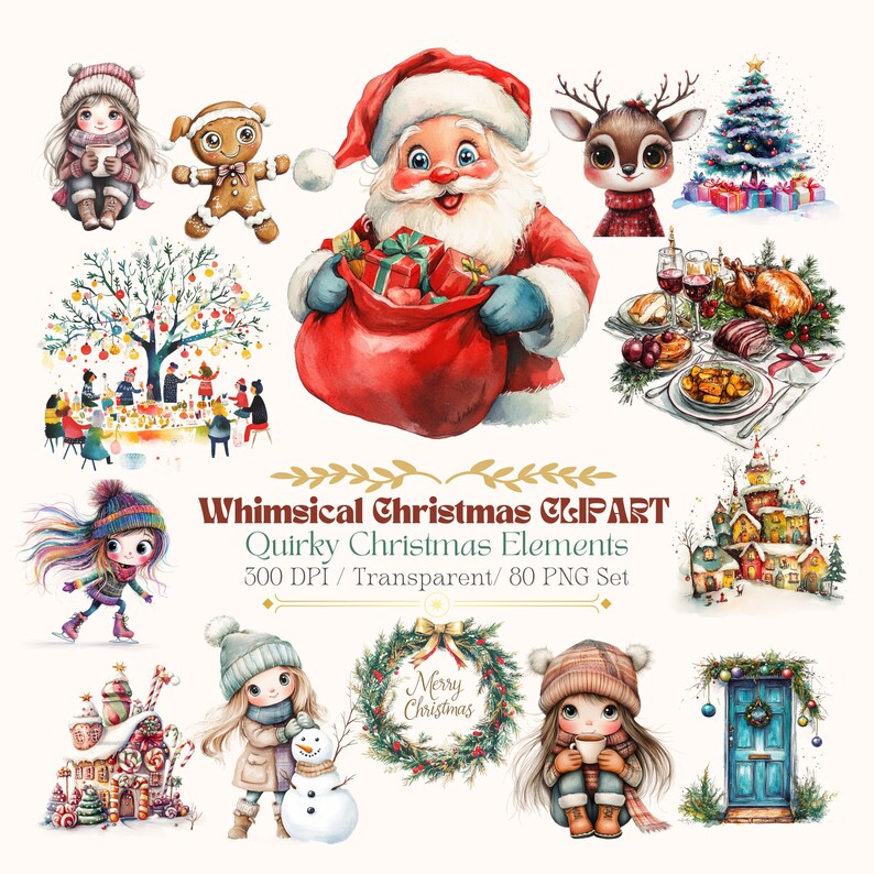 80 PNG Whimsical Christmas Clipart Bundle Junk Journal Girl Santa ...