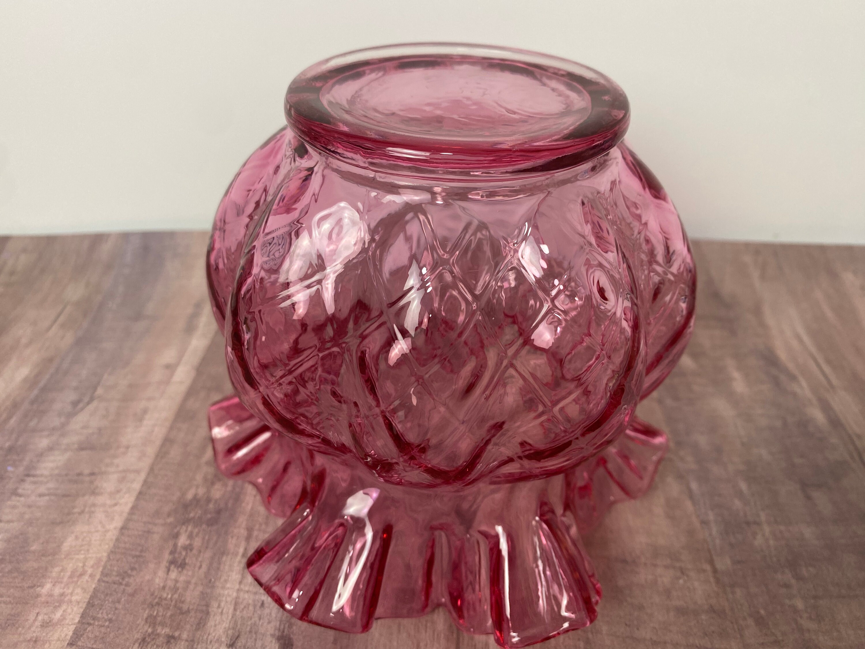 Vintage Fenton Cranberry Diamond Optic Ruffled Art Glass Vase 5 - Etsy