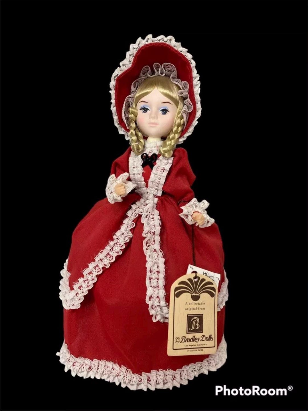 Vintage Big-eye Red Colonial Dress & Bonnet 11" Bradley Doll on Stand ...