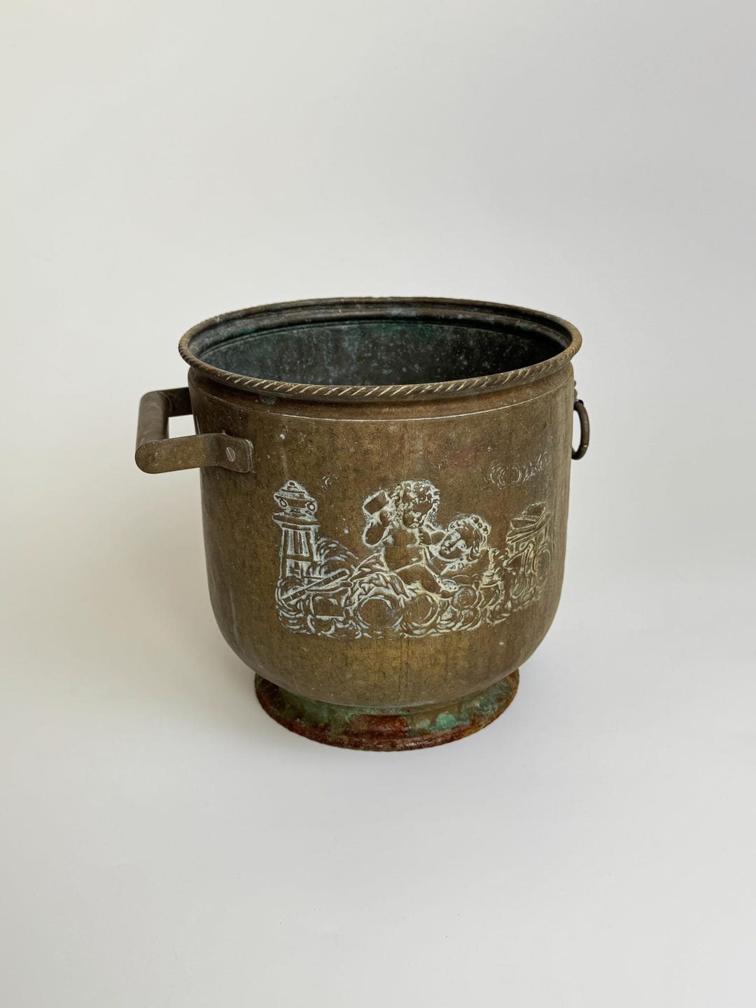 Vintage Metal Plant Pot With Cherub Motif & Patina Finish - Etsy