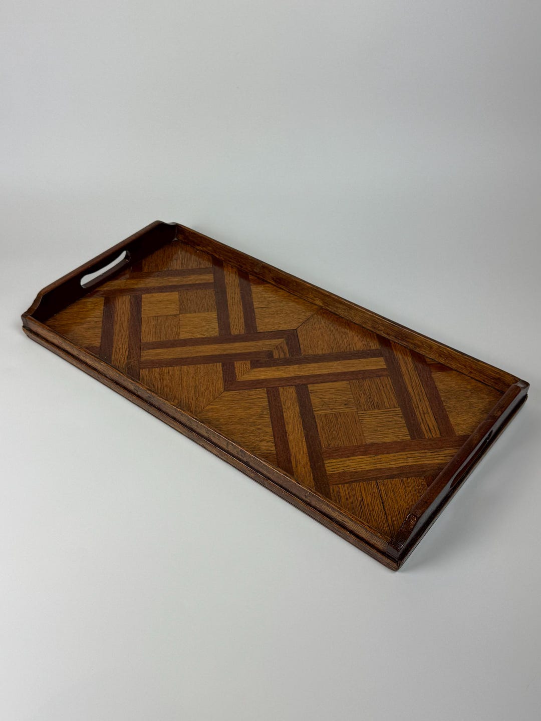 Vintage Wooden Serving Tray With Geometric Inlay Design - Etsy
