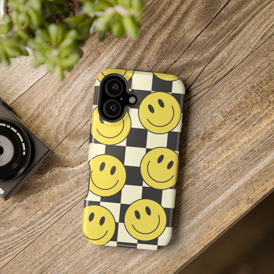 Smiley Face Checkered iPhone Case With Magsafe & Dual Layer Protection ...