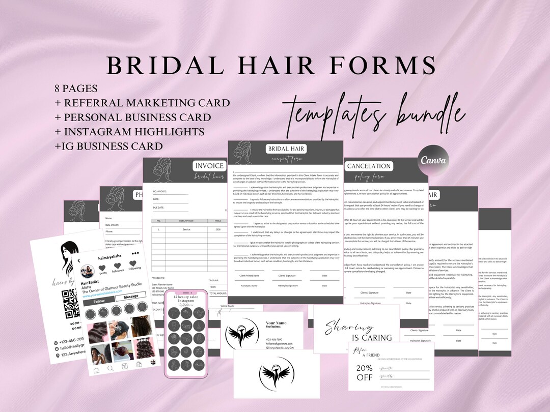 Bridal Hair Forms Bundle, Hairstylist Client Contract Templates (canva ...