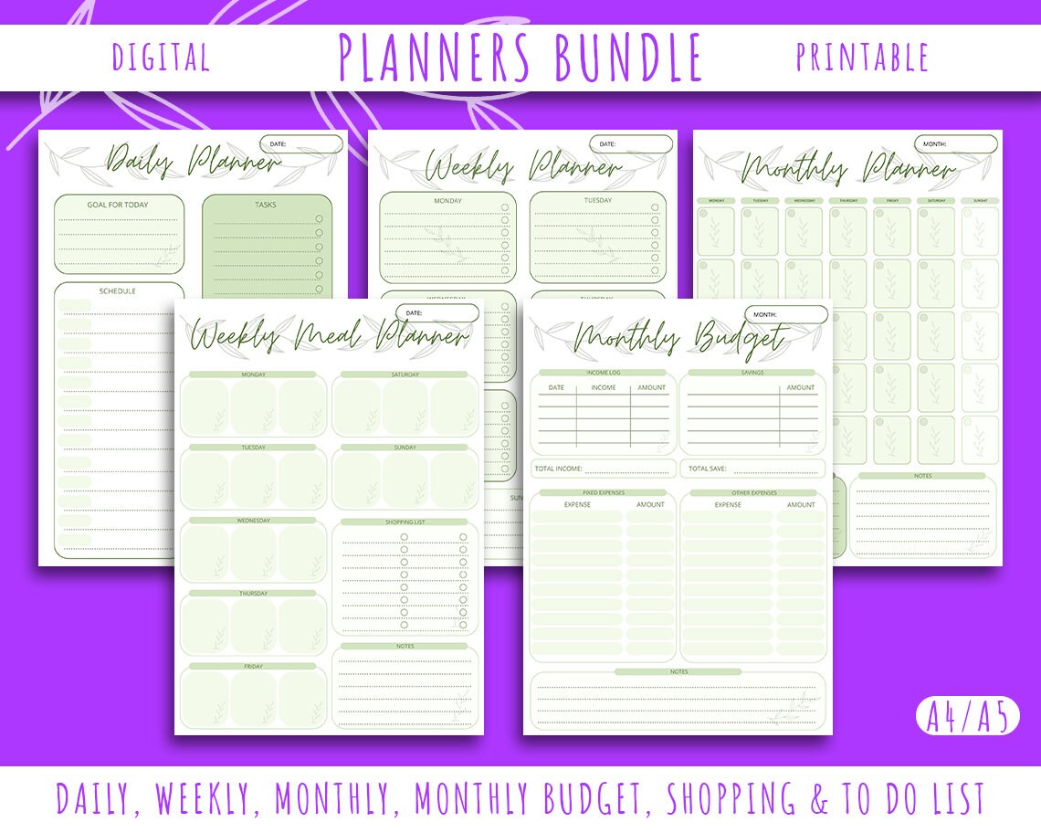 DIGITAL PLANNERS BUNDLE Printable Daily Weekly Monthly Weekly Meal Prep ...