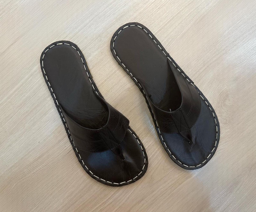 Women Black Flip Flops Slippers, Handmade Genuine Leather Brown Sandals ...