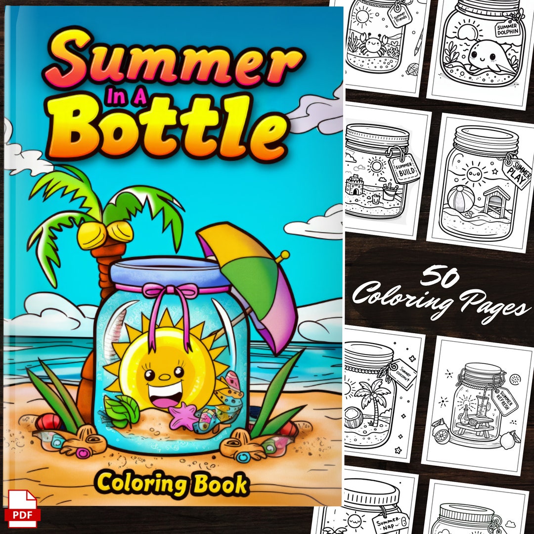 Summer in a Bottle Coloring Book: 50 PDF Print Friendly Pages, Beach ...